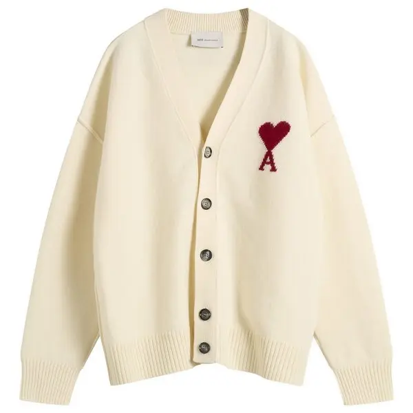 Ami Cardigan With Contrasted De Coeur - Ecru/rouge