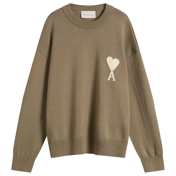 Ami Crewneck Sweater With De Coeur - Beige Taupe/ecru