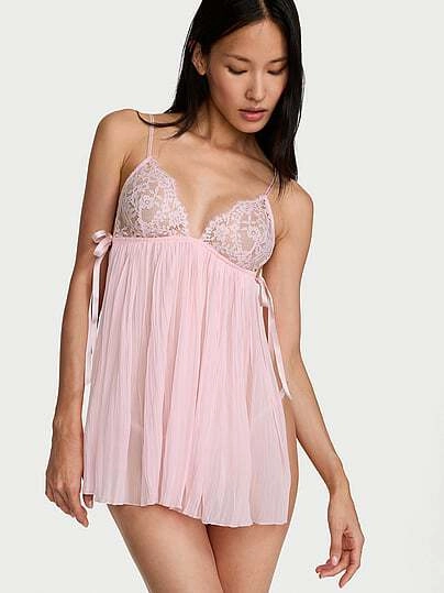 Victoria's Secret Dream Angels Lace Triangle Pleated Babydoll Set - Pink