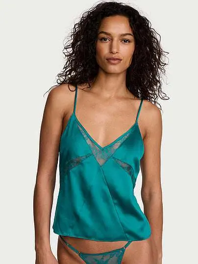 Victoria's Secret Satin And Rose Lace Cami Top - Blue