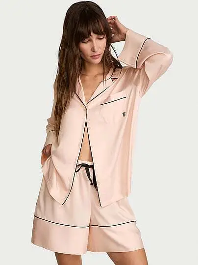 Victoria's Secret Signature Satin Long-sleeve Short Pajama Set - Pink