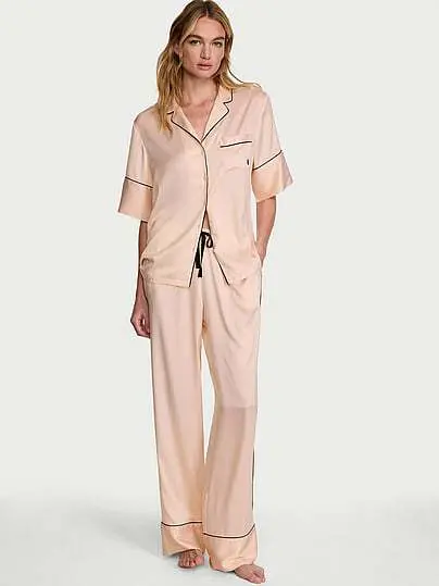 Victoria's Secret Signature Satin Short-sleeve Long Pajama Set - Pink