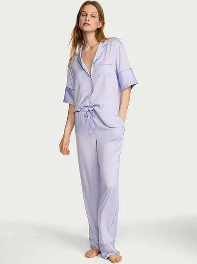 Victoria's Secret Signature Satin Short-sleeve Long Pajama Set - Purple