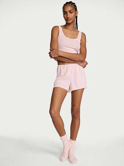 Victoria's Secret Cotton Shadow Stripe Cropped Tank & Shorts Set - Pink
