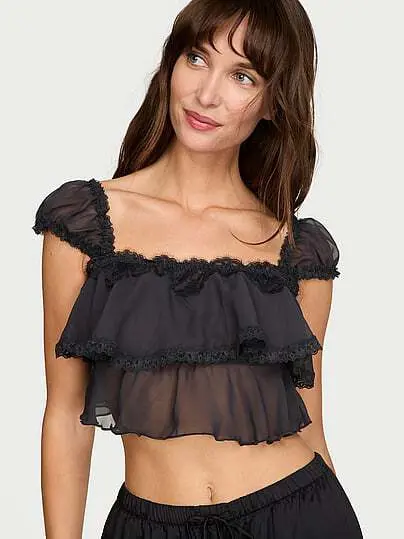 Victoria's Secret Dream Angels Chiffon Lace-trim Cap-sleeve Top - Black