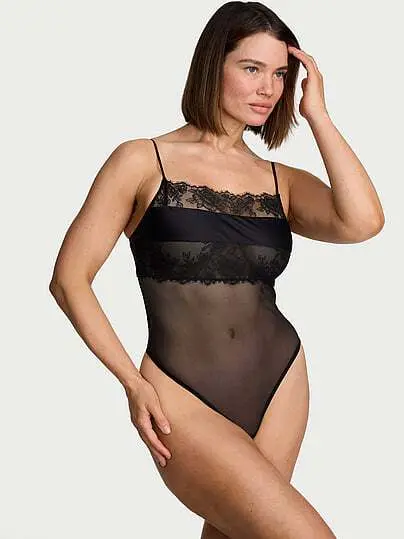Victoria's Secret Rose Lace & Mesh Straight-neck Bodysuit - Black