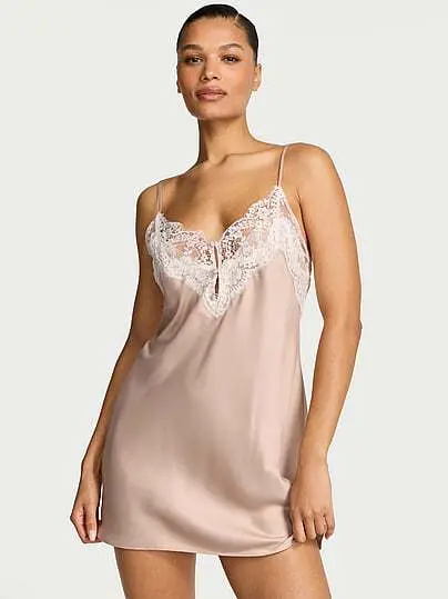 Victoria's Secret Dream Angels Satin Lace-trim Short Slip Dress - Beige