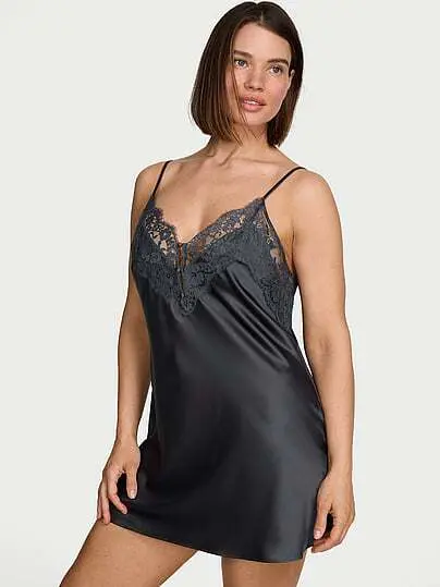 Victoria's Secret Dream Angels Satin Lace-trim Short Slip Dress - Black