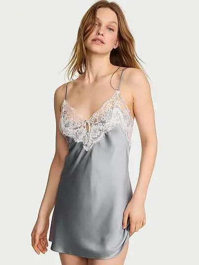 Victoria's Secret Dream Angels Satin Lace-trim Short Slip Dress - Grey