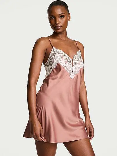 Victoria's Secret Dream Angels Satin Lace-trim Short Slip Dress - Pink