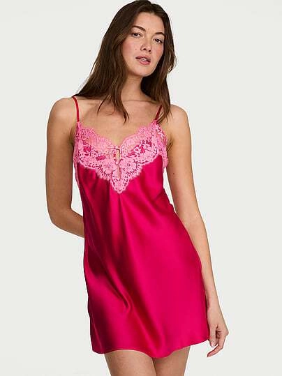 Victoria's Secret Dream Angels Satin Lace-trim Short Slip Dress - Pink