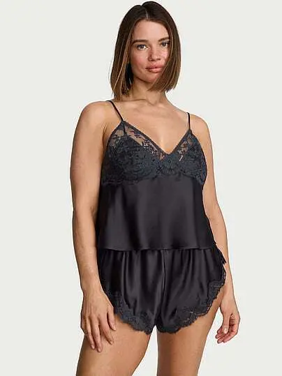 Victoria's Secret Satin Lace-trim Cami & Flutter Shorts Set - Black