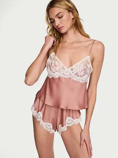 Victoria's Secret Satin Lace-trim Cami & Flutter Shorts Set - Pink
