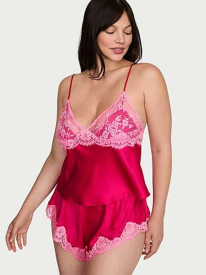 Victoria's Secret Satin Lace-trim Cami & Flutter Shorts Set - Pink