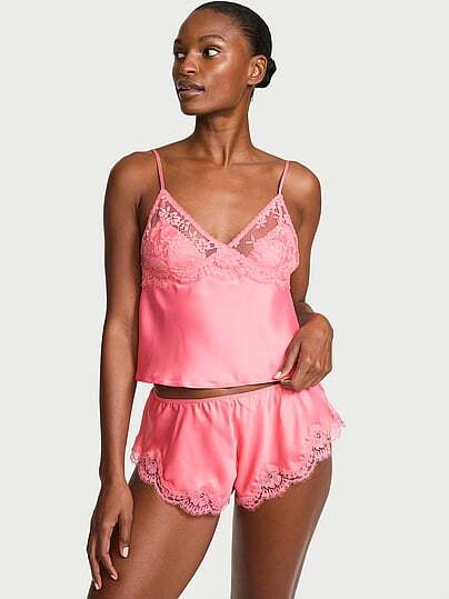 Victoria's Secret Satin Lace-trim Cami & Flutter Shorts Set - Pink