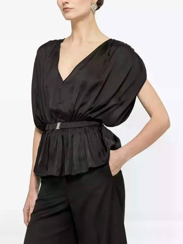 NISSA Belted V-neck Peplum Top - Black