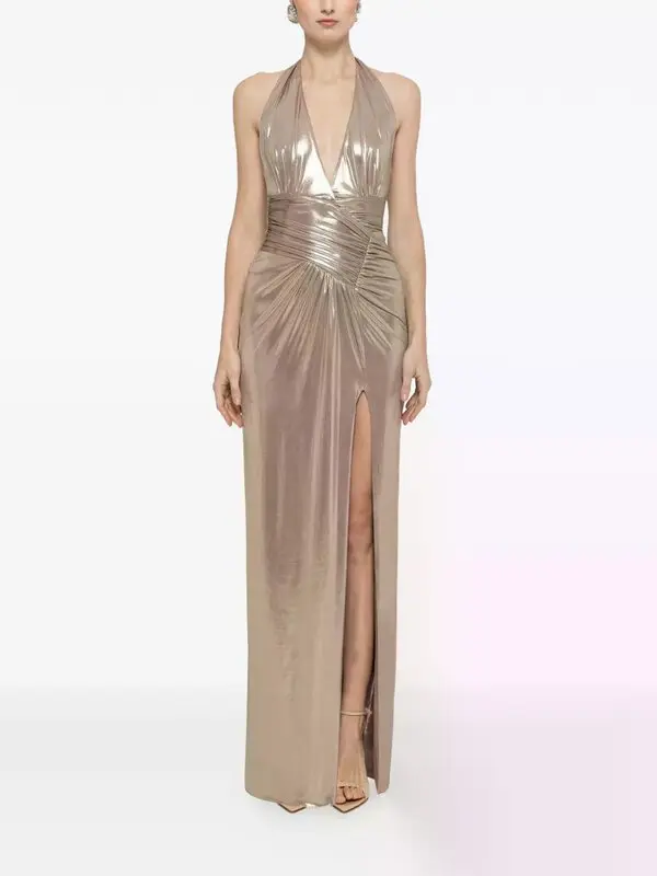 NISSA Gold-tone Twisted Detail Backless Maxi Dress