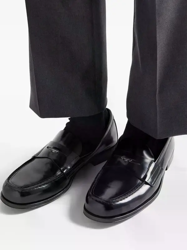 Prada Brushed Leather Loafers With Enameled Metal Triangle Logo