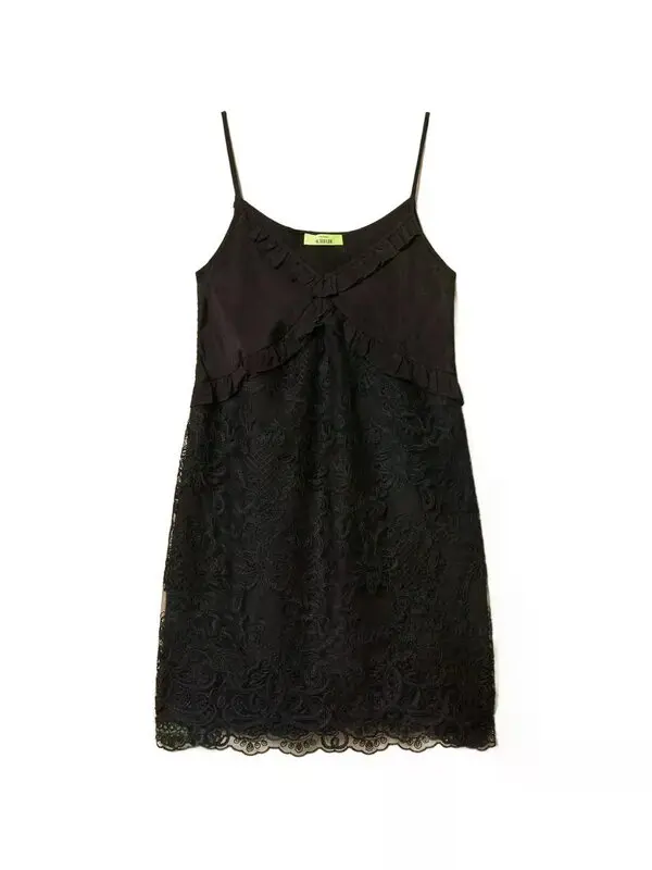 TWINSET Lace Ruffled V-neck Mini Dress - Black