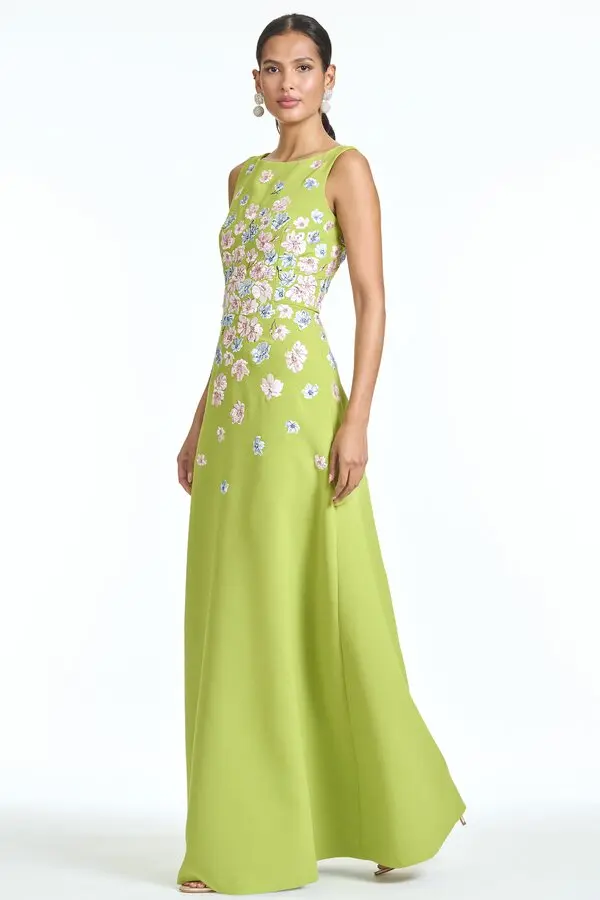 Sachin & Babi Razia Green Embroidered Crepe A-line Gown - Peridot