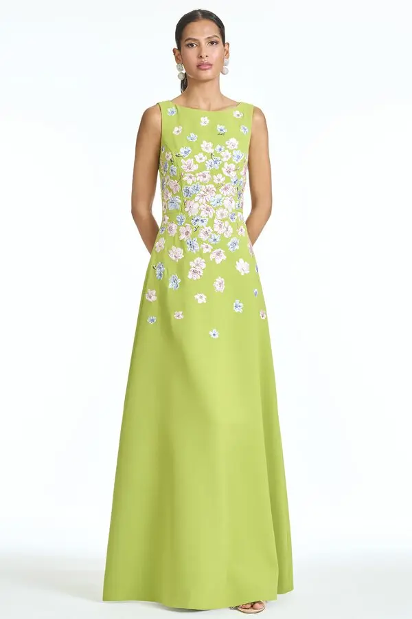 Sachin & Babi Razia Green Embroidered Crepe A-line Gown - Peridot