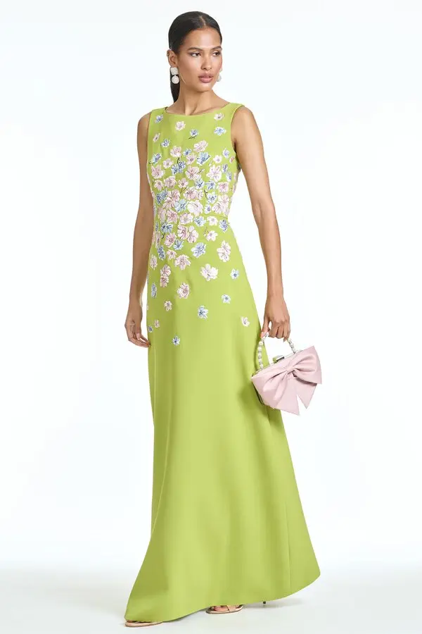 Sachin & Babi Razia Green Embroidered Crepe A-line Gown - Peridot