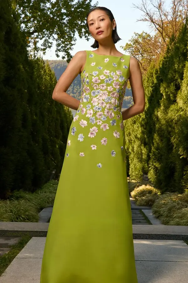 Sachin & Babi Razia Green Embroidered Crepe A-line Gown - Peridot