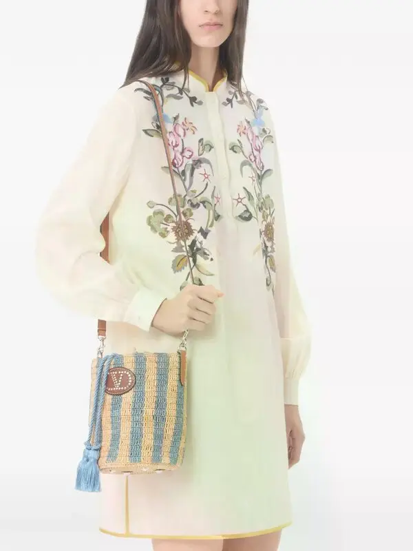 Valentino Garavani Small Bucket Bag In Striped Raffia - Neutrals