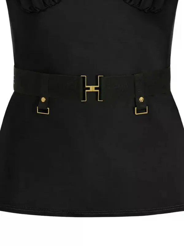 Elisabetta Franchi Long-sleeved Turtleneck Top In Crêpe Jersey With Golden Metal Plaque Belt - Black