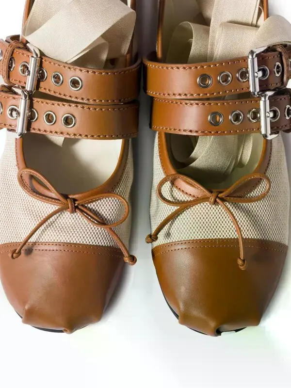 Miu Miu Canvas And Leather Ballerina Flats With Buckle Detailing - Neutrals