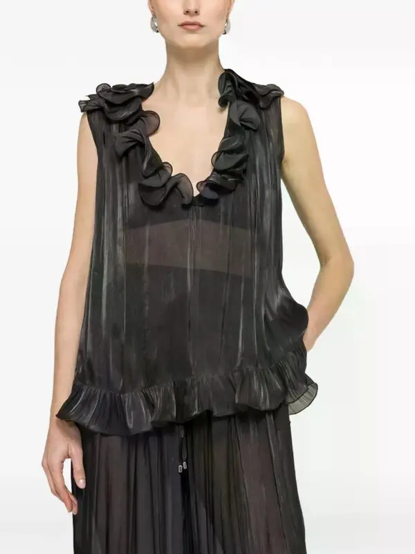 NISSA Ruffled Chiffon Sleeveless Top - Black