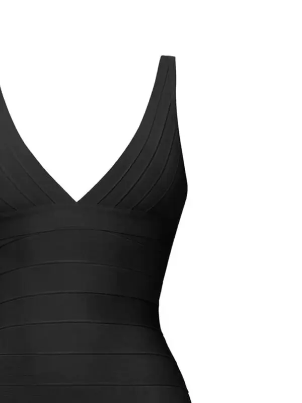 Herve Leger Ribbed V-neck Mini Dress - Black