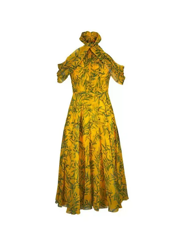 Carolina Herrera Floral-print Silk Midi Dress With Collar Detail - Yellow