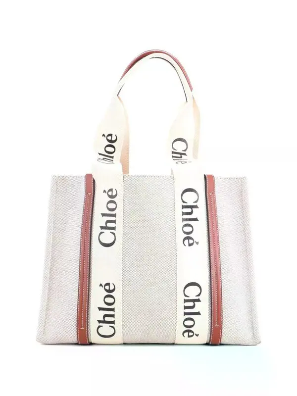 Chloé Woody Canvas And Leather Medium Tote Bag - Neutrals