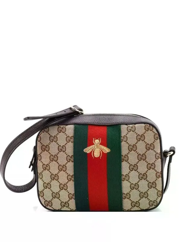 Gucci Bee Web Camera Bag Gg Canvas Crossbody Bag - Brown