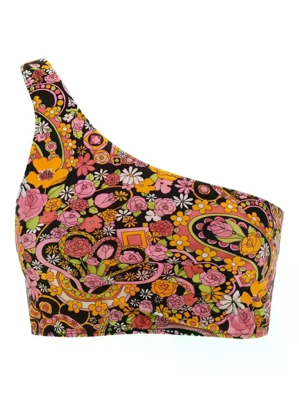 La DoubleJ Floral-pattern One-shoulder Bikini Top - Black