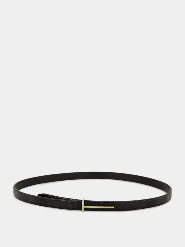 TOM FORD Stamped Crocodile Leather Slim T Belt - Black