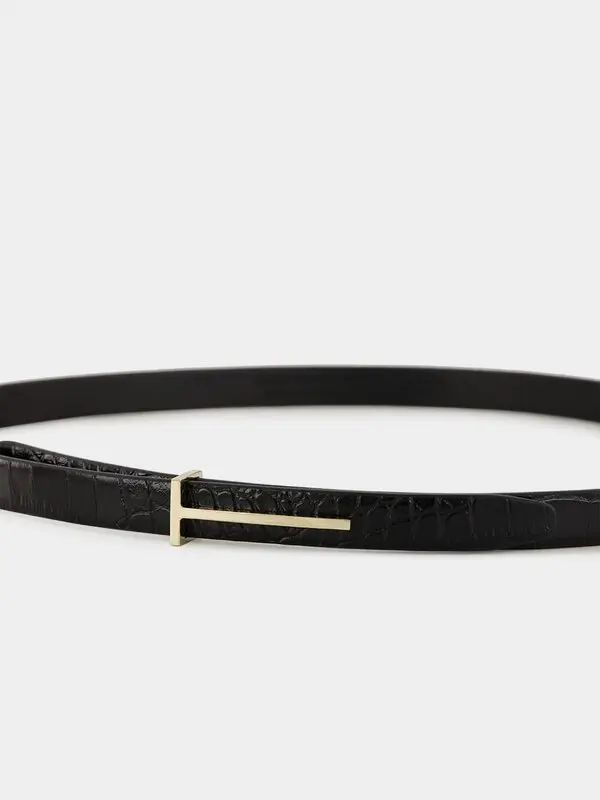 TOM FORD Stamped Crocodile Leather Slim T Belt - Black