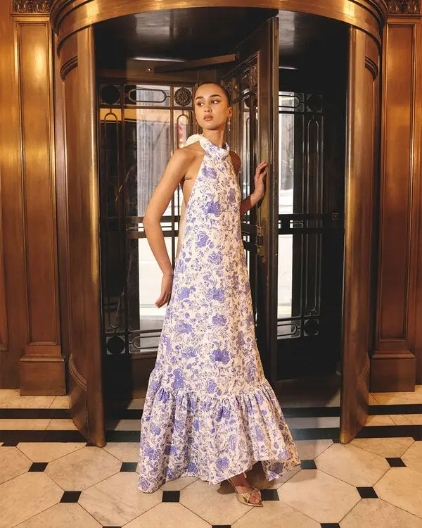 blue and white floral mother of the bride dress Zapaka Women Blue Flower Long Mother of the Bride Dress Off the Shoulder A-Line Wedding Guest Dress, Blue Flower / US26W main image 1