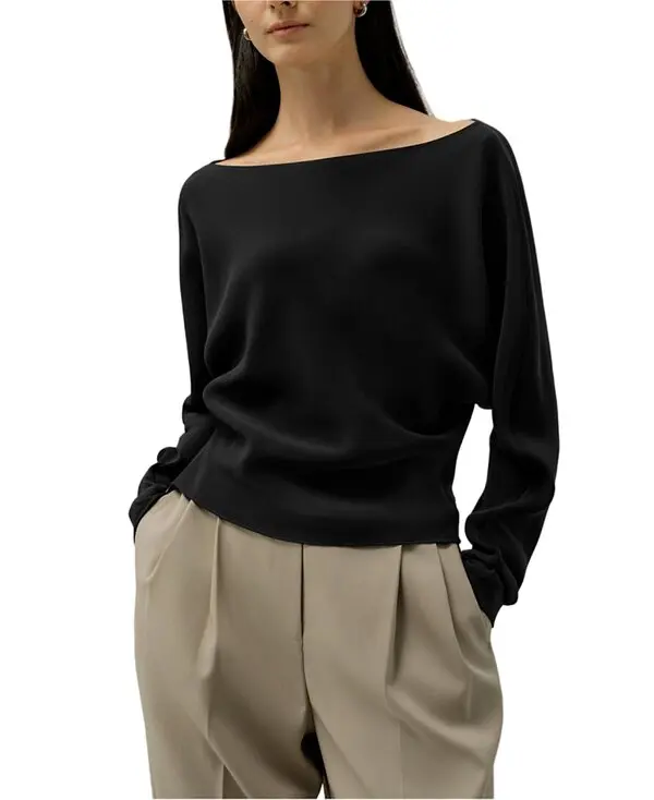 Lilysilk Long Sleeve Gathered Silk Top - Black
