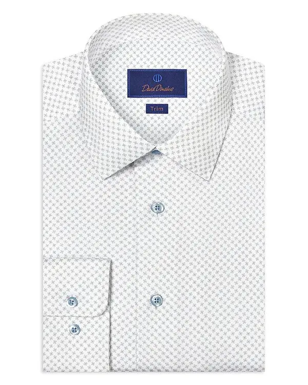 David Donahue Trim Fit Neat Print Dress Shirt - White/ Dune