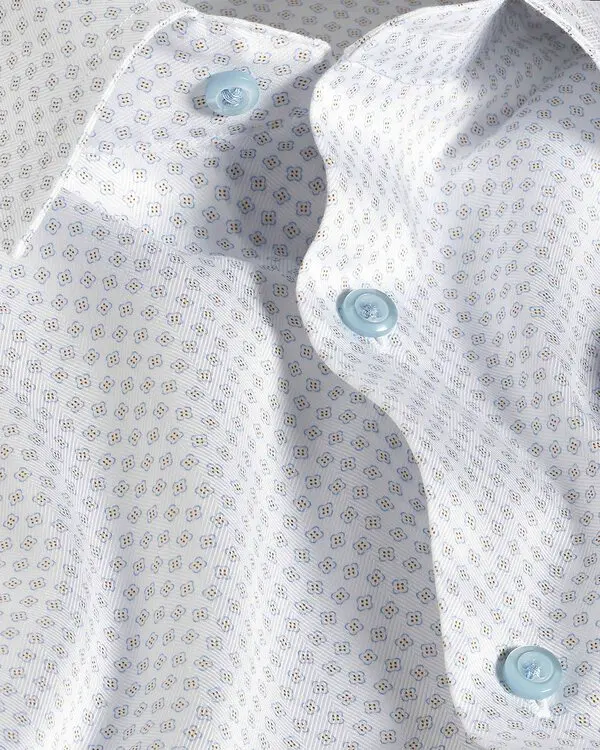 David Donahue Trim Fit Neat Print Dress Shirt - White/ Dune