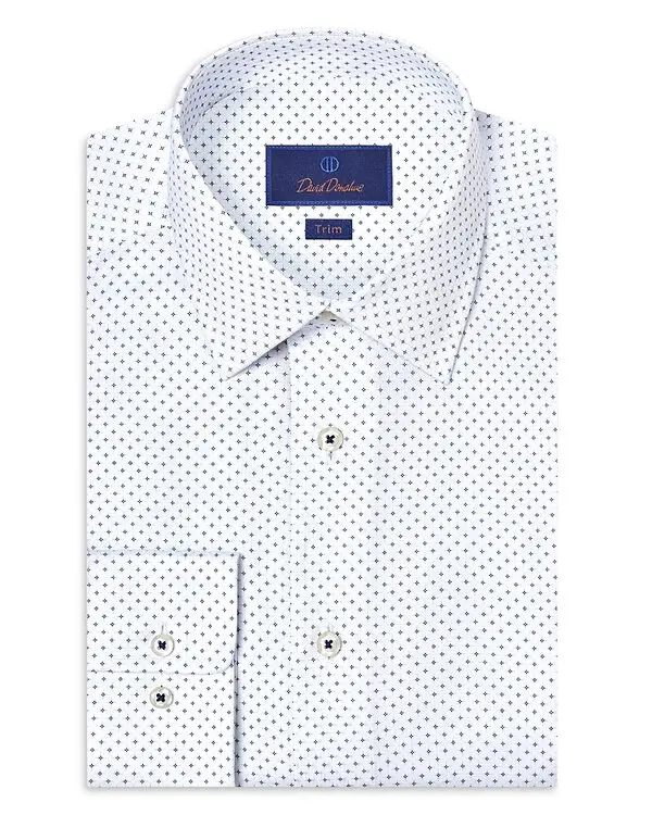 David Donahue Trim Fit Neat Print Dress Shirt - White/ Navy