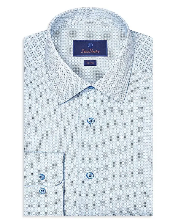 David Donahue Trim Fit Geometric Print Dress Shirt - White/ Sky