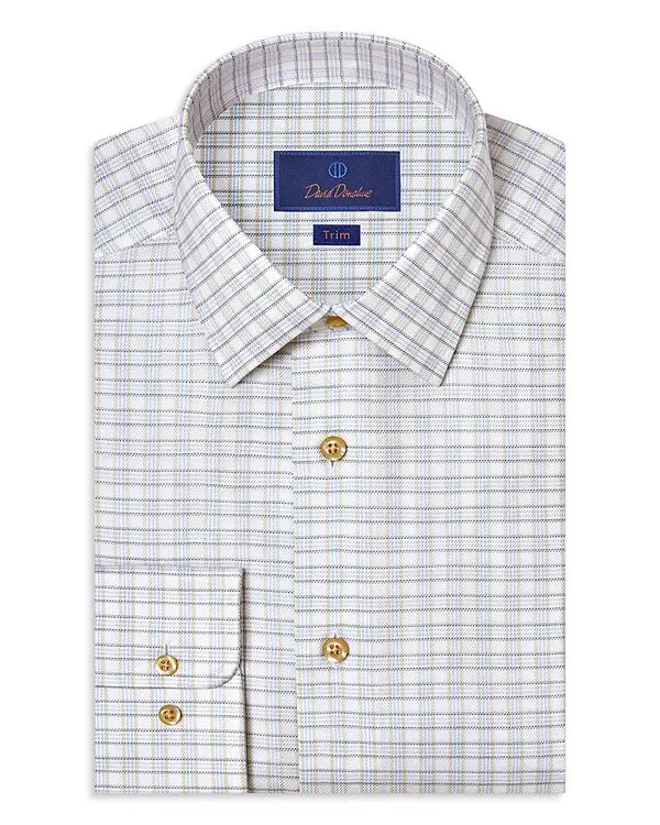 David Donahue Trim Fit Dobby Check Dress Shirt - White/ Dune