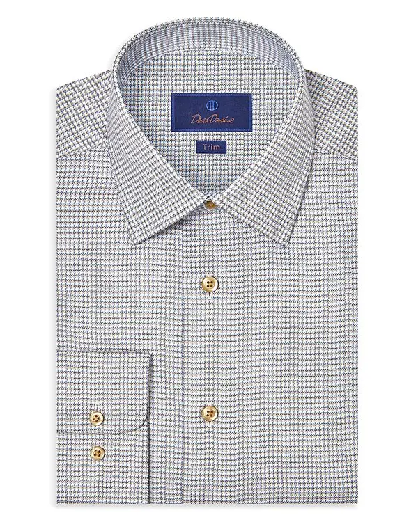 David Donahue Trim Fit Twill Micro Check Dress Shirt - White/ Dune
