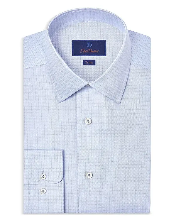 David Donahue Trim Fit Silk Blend Twill Check Dress Shirt - Sky