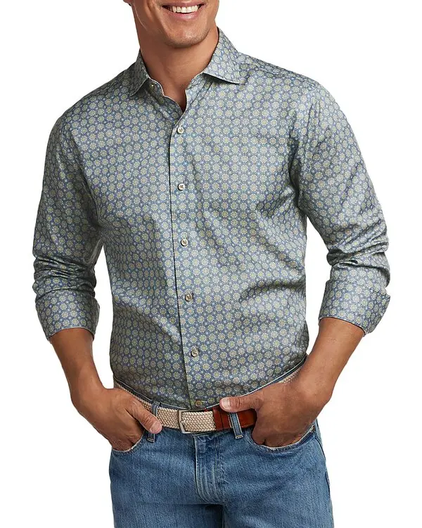 David Donahue Geometric Print Shirt - Blue/ Dune