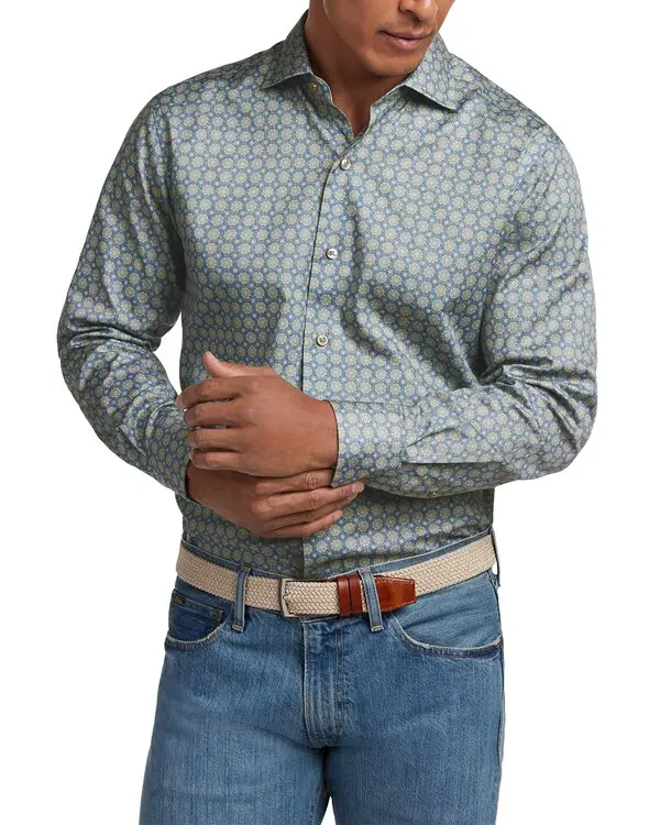 David Donahue Geometric Print Shirt - Blue/ Dune