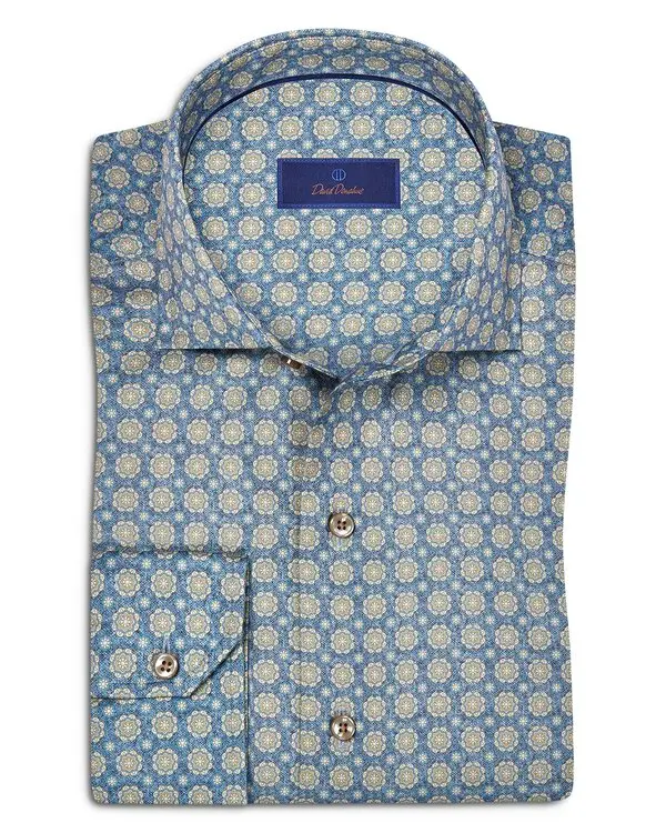 David Donahue Geometric Print Shirt - Blue/ Dune